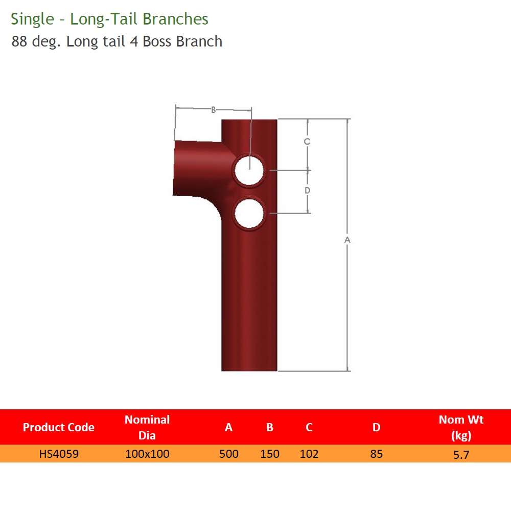 100mm Cast Iron Soil 88 Degree Long Tail Boss Branch