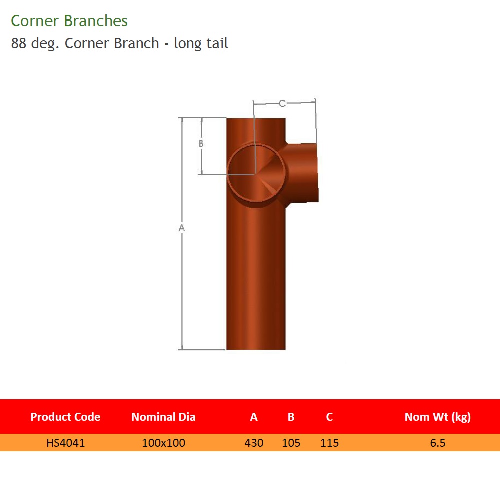 100mm x 100mm Cast Iron 88 Degree Long Tail Corner Branch