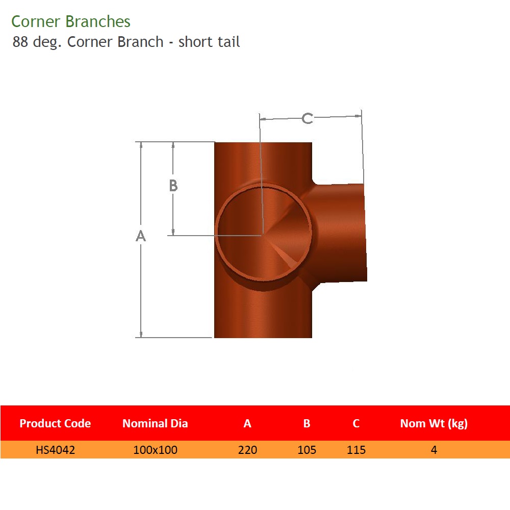 100mm x 100mm Cast Iron 88 Degree Short Tail Corner Branch
