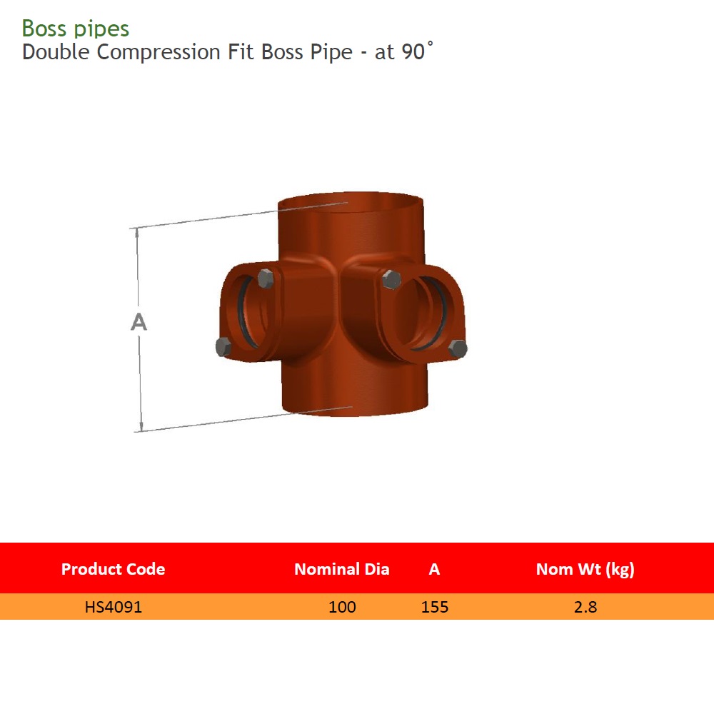 100mm x 50mm Cast Iron 90 Degree Compression Fit Boss Pipe