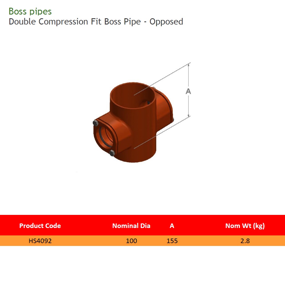 100mm x 50mm Cast Iron Opposed Compression Fit Boss Pipe