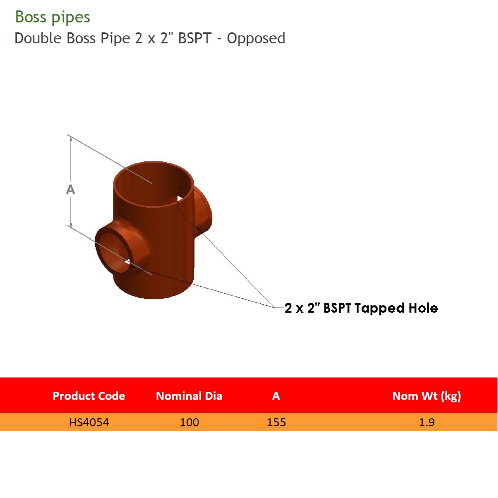 100mm Cast Iron Opposed 2 x 2 inch Boss Pipe BSPT